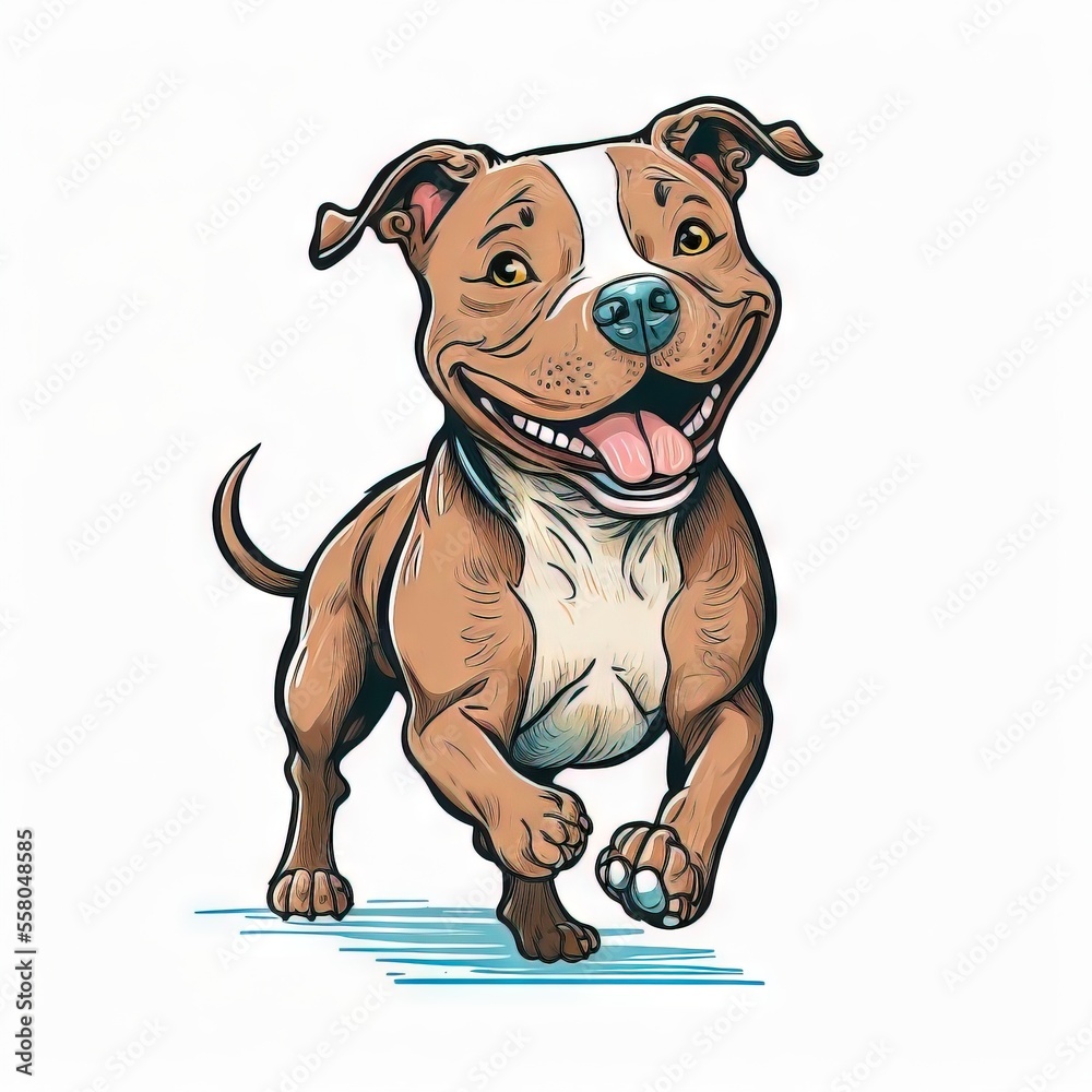 a brown and white pit bull dog running with its mouth open and tongue ...