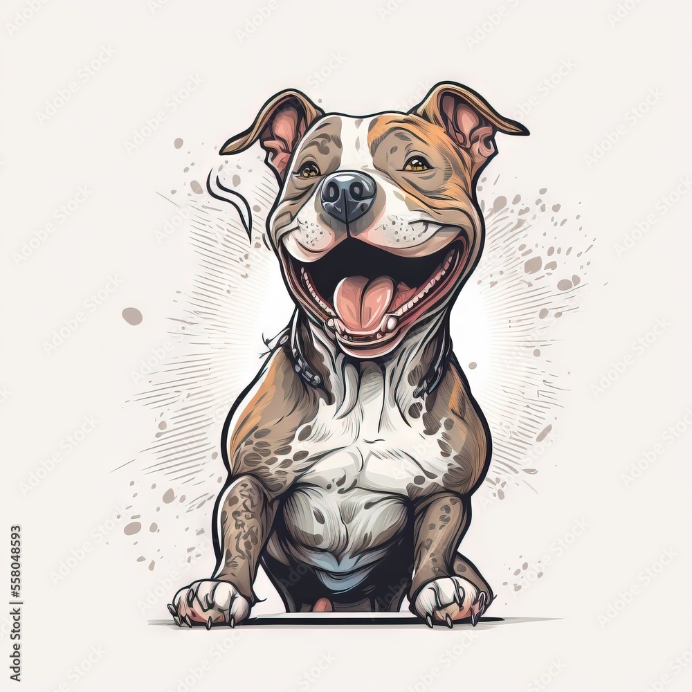 a pit bull dog sitting on the ground with his mouth open and tongue out ...