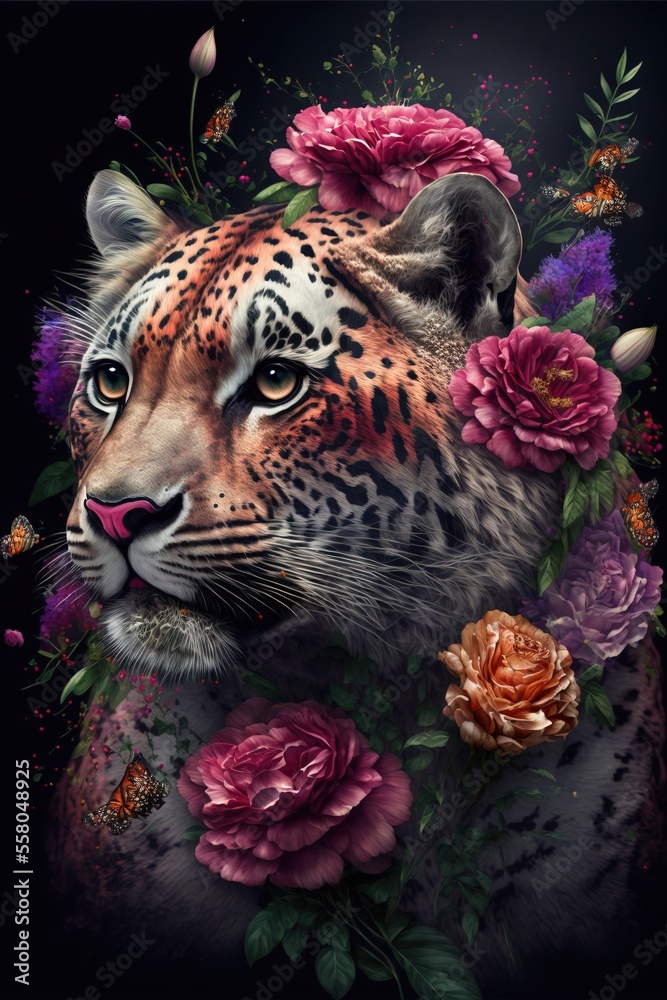 a painting of a leopard with flowers around its neck and a butterfly on ...