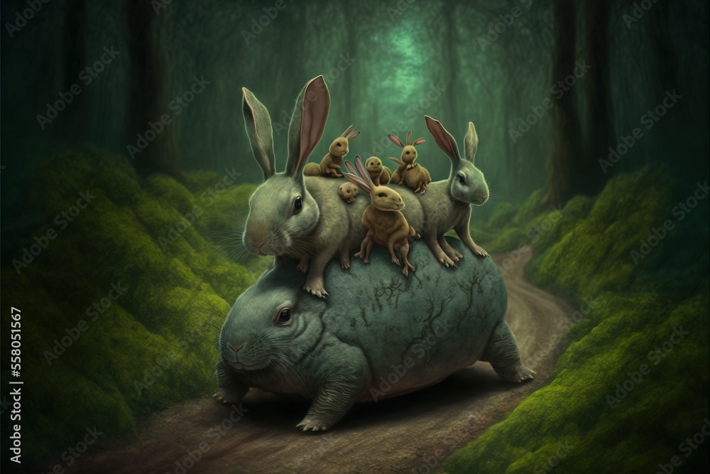 a group of rabbits riding on top of a hippo in a forest filled with ...