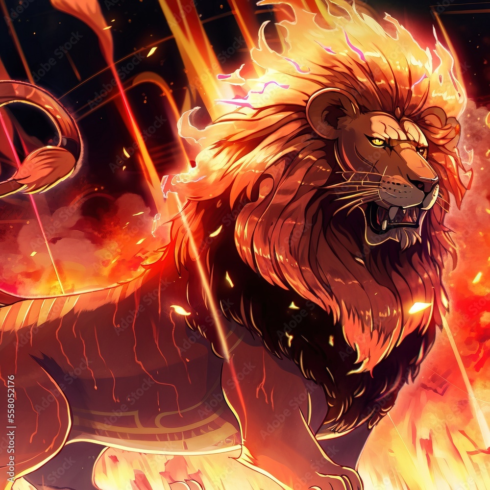 a lion standing in front of a bunch of fire with its mouth open and its ...
