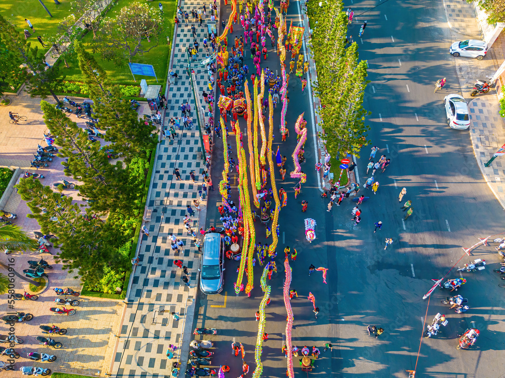 Top view of dragon dance perform celebration new year. Group of people ...