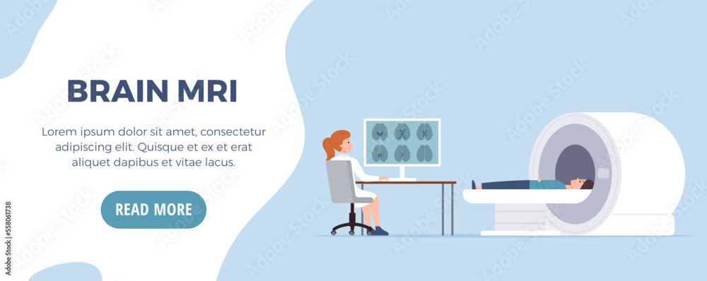 Poster MRI exam procedure in clinic banner or flyer flat cartoon vector ...