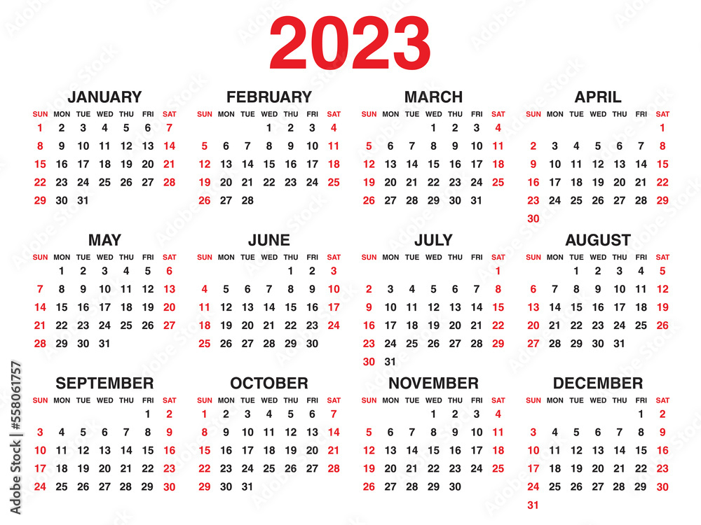 Vetor de Calendar 2023 year vector illustration, Set of 12 calendar ...