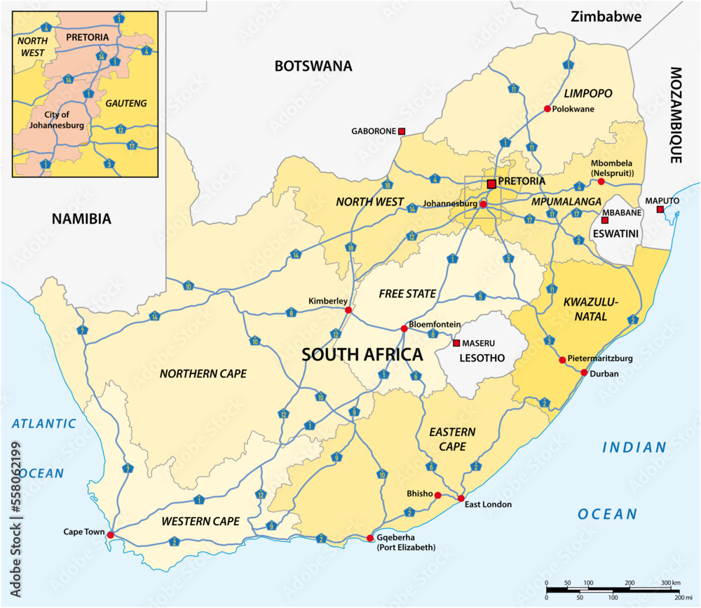 Vector map of national roads in South Africa with labels Stock Vector ...
