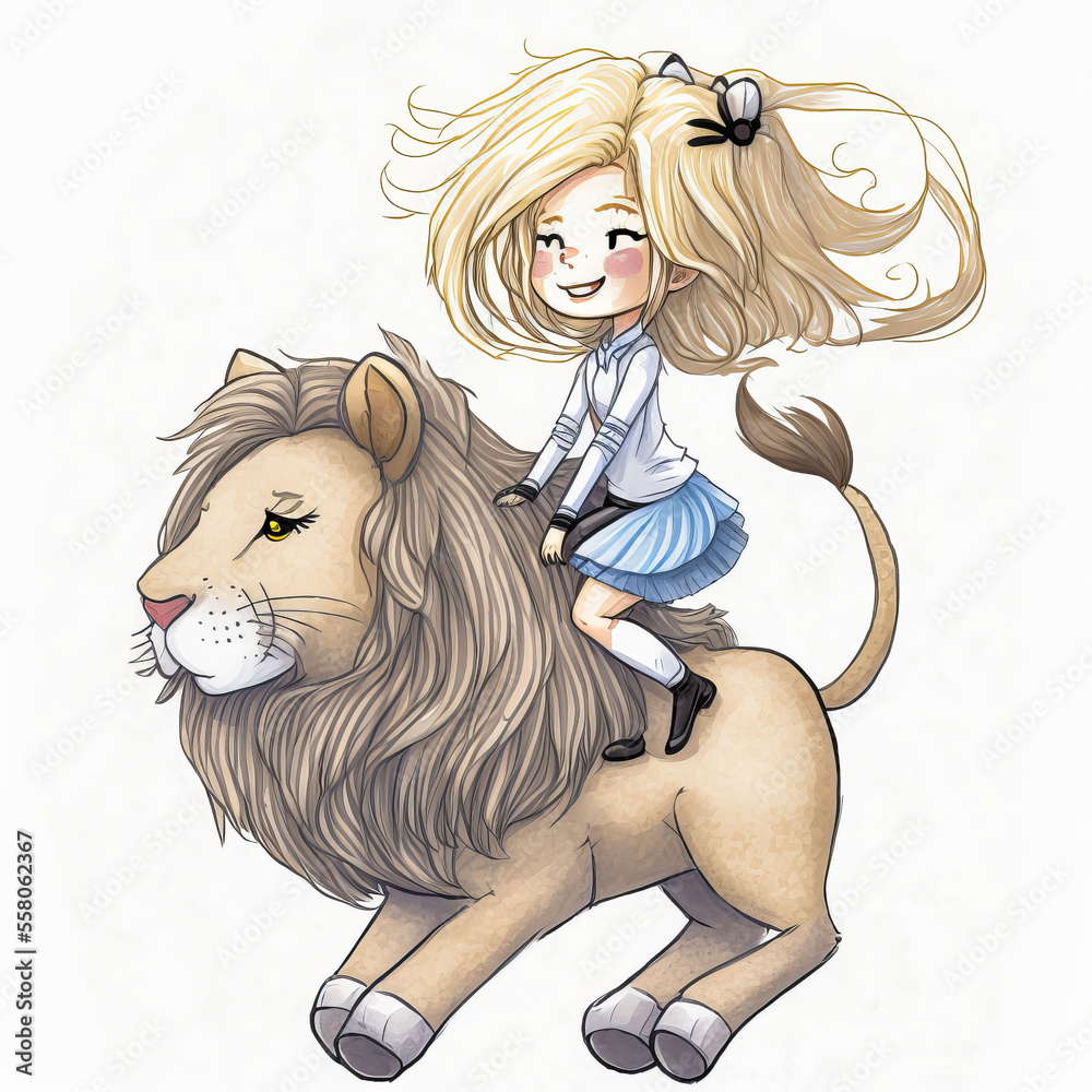 An illustration of a little girl and a lion in friendship, mounted ...