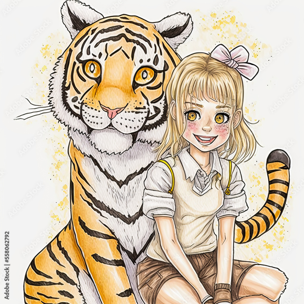 A sweet image of a little girl and her tiger friend, illustrating a ...