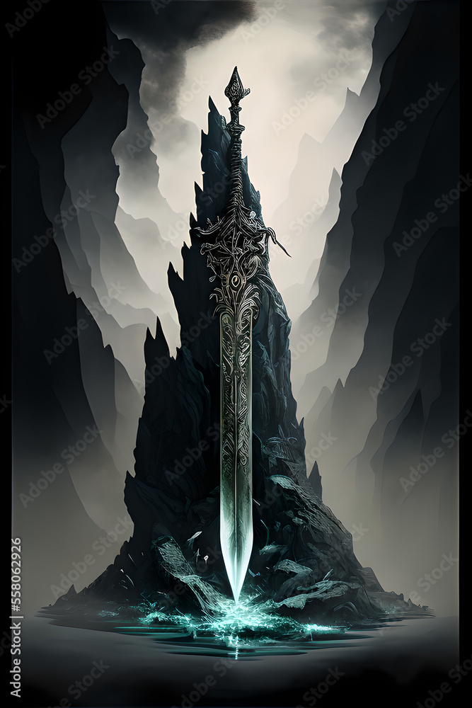 Mythical Excalibur great sword stuck in the rock. AI-generated ...