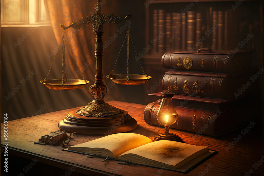 Scales of justice placed on the desk of a judge or a lawyer ...