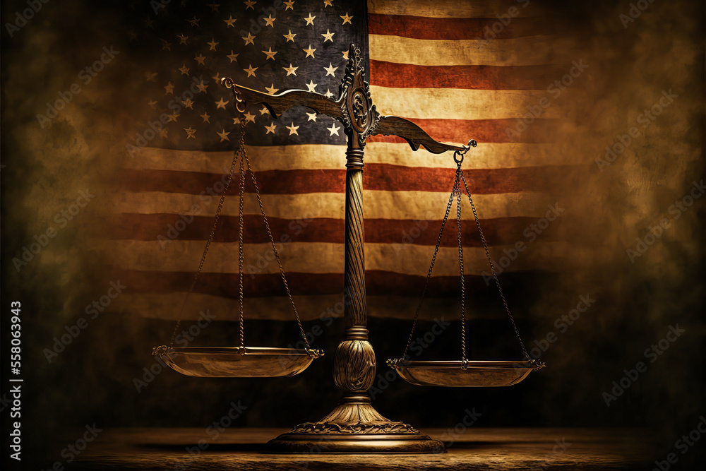 A glimpse of American justice: a scale of justice in front of the flag ...