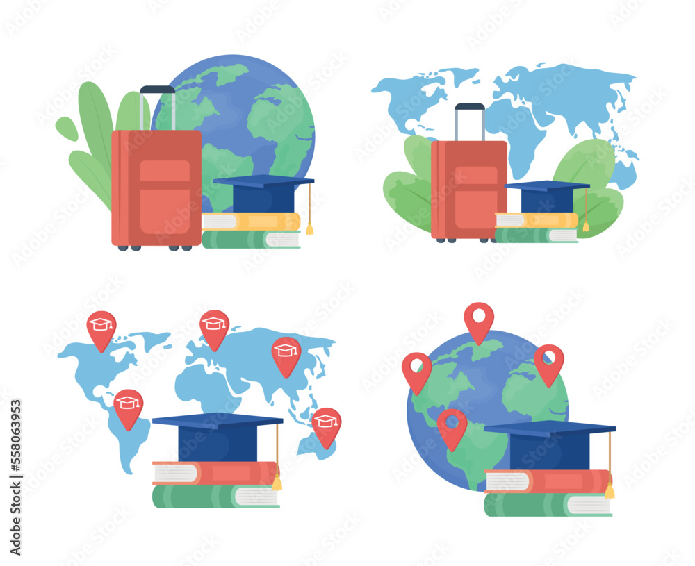 Study abroad destinations flat concept vector illustration set ...