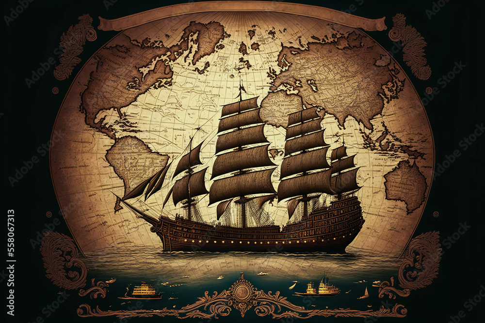 A Renaissance world map, with a typical sailing ship of the time ...