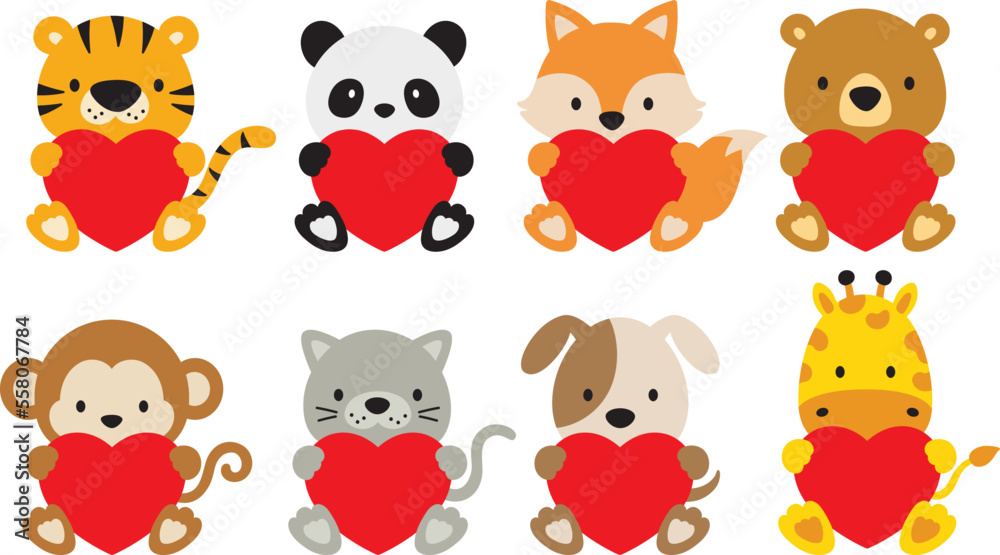 Vector illustration of cute Valentine’s day baby animals holding hearts ...