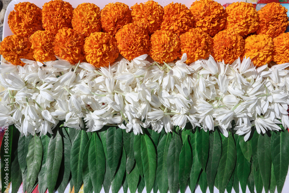 Indian Tricolor theme of Indian National Flag made of Orange marigold ...