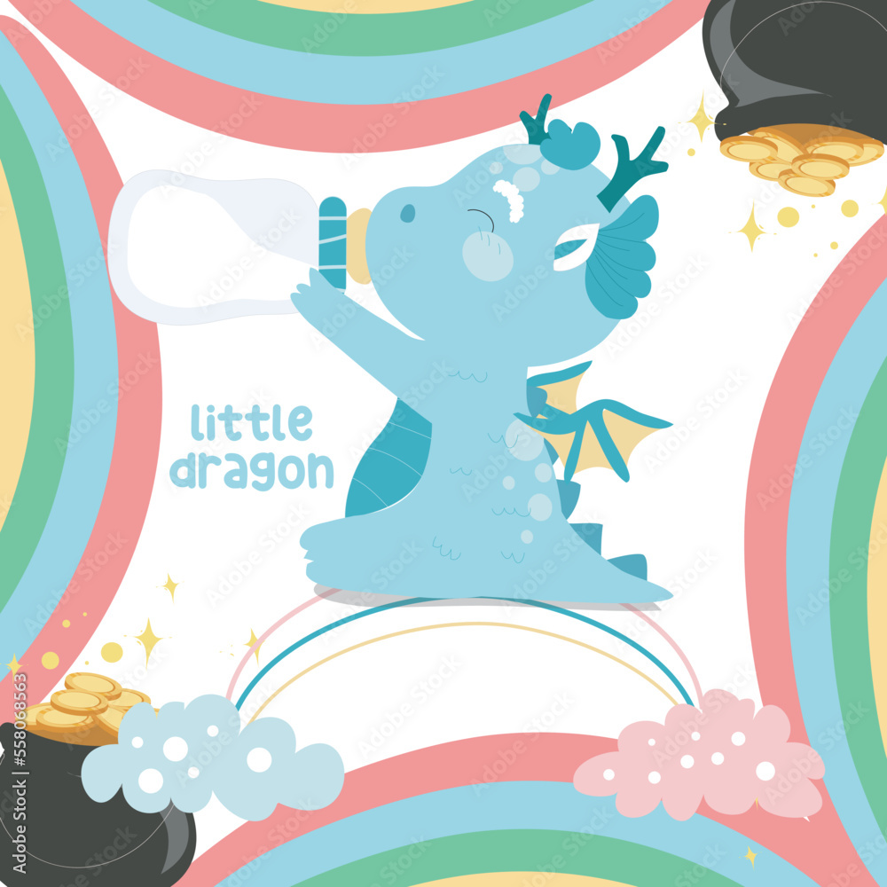 Cute little dragon flashcard on white background. Funny fantasy cartoon ...