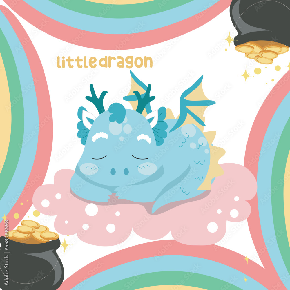 Cute little dragon flashcard on white background. Funny fantasy cartoon ...
