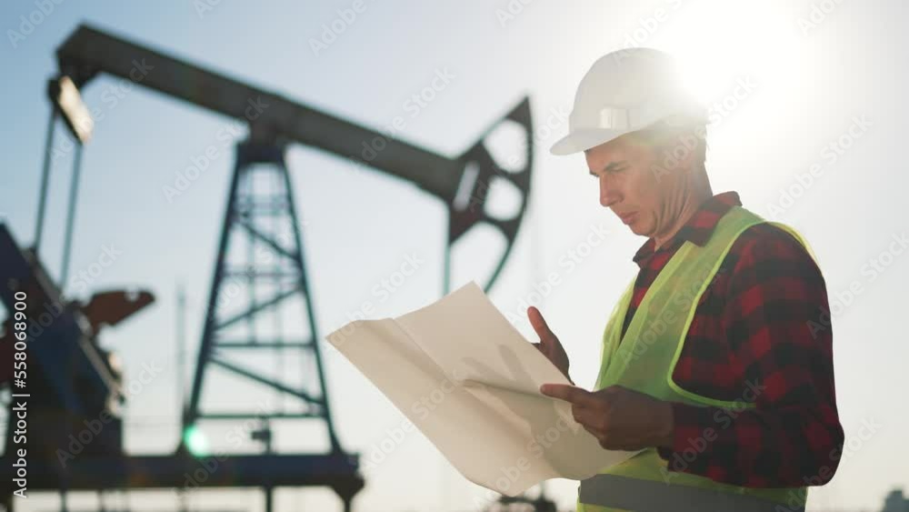 Oil pump.Engineer work with laptop and diagram.Checking operation of ...