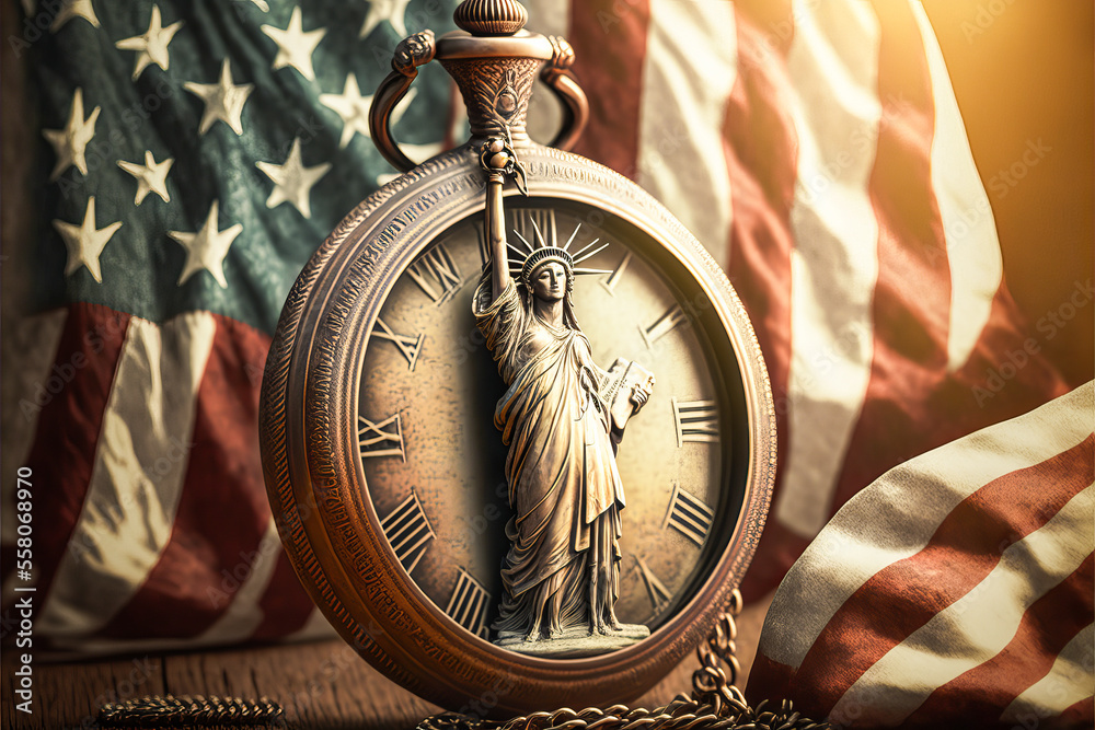 Vintage American clock teamed with a symbol of freedom and an old ...