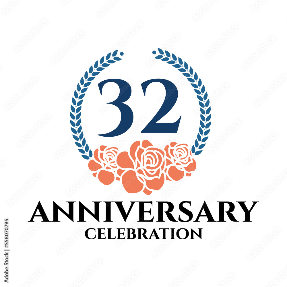32nd anniversary logo with rose and laurel wreath, vector template for ...