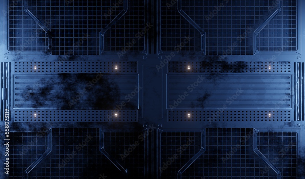 Metal corridor grating blue lighting in dark scene 3D rendering ...