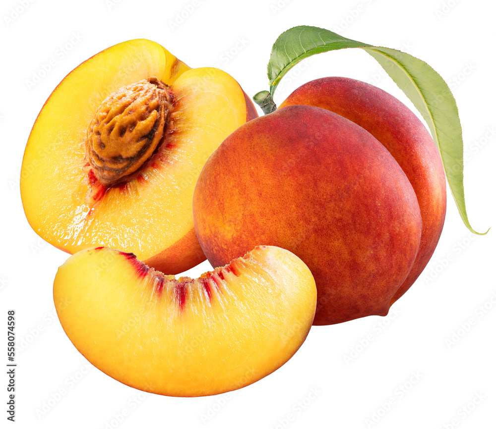 Red Peach fruit with leaf on white background, Fresh Red Peach on White ...