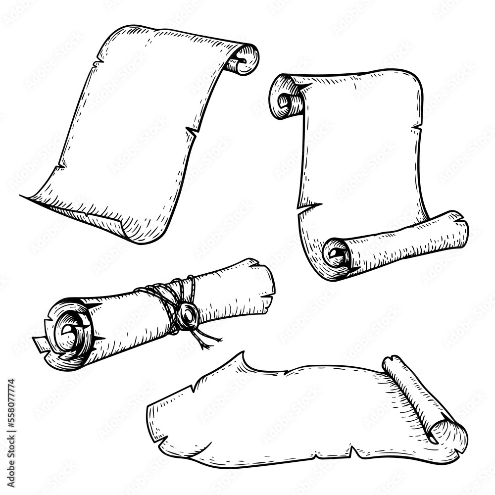 Set of empty scrolls. Hand drawn sketch style vintage scrolls and banners collection. Vector ...