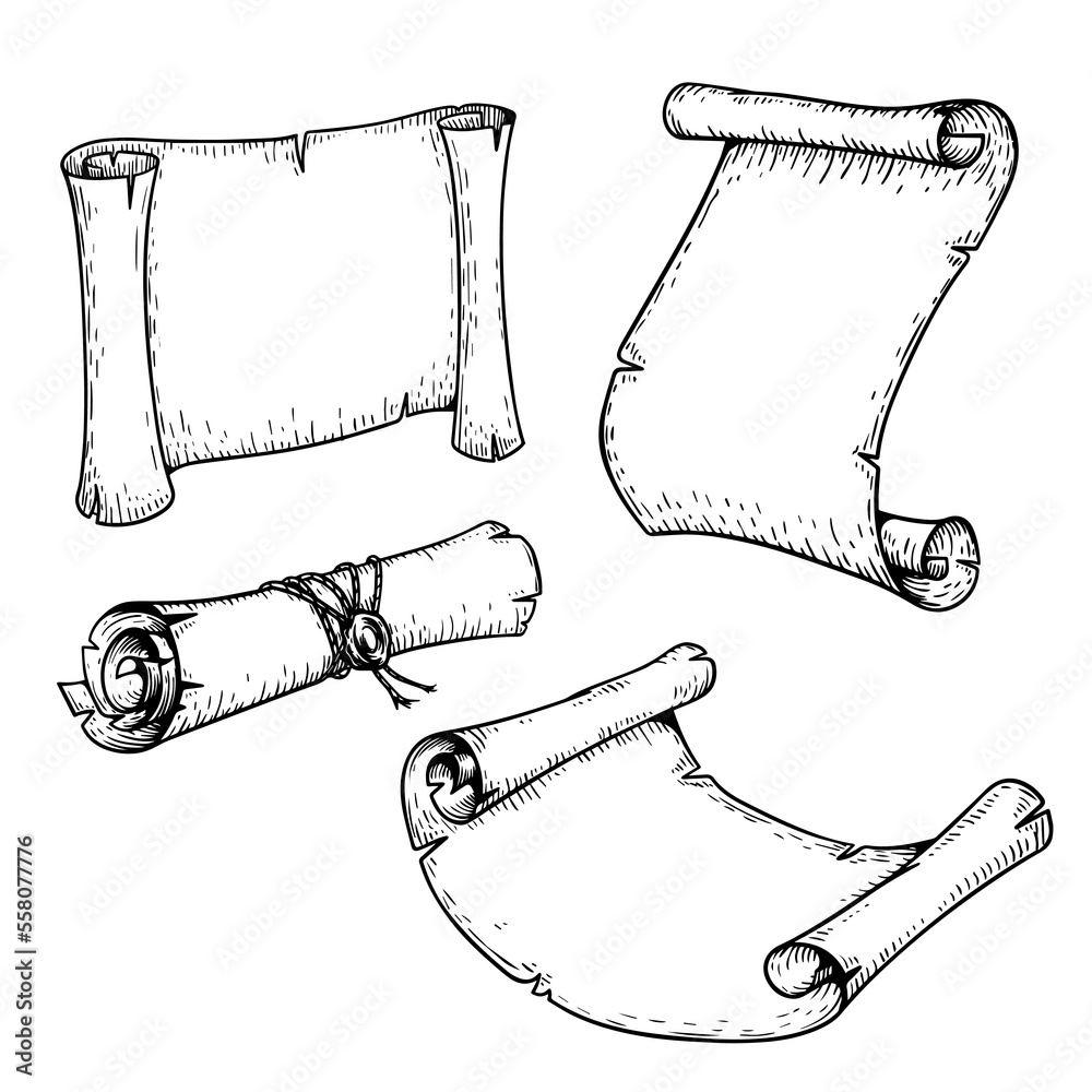 Set of empty scrolls. Hand drawn sketch style vintage scrolls and ...