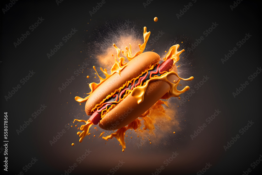 a exploding hot dog, all hot dog parts flying around, dark background ...