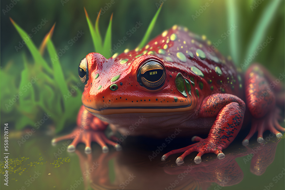 red color hybrid frog in a detailed rainforst, macro close up potrait ...