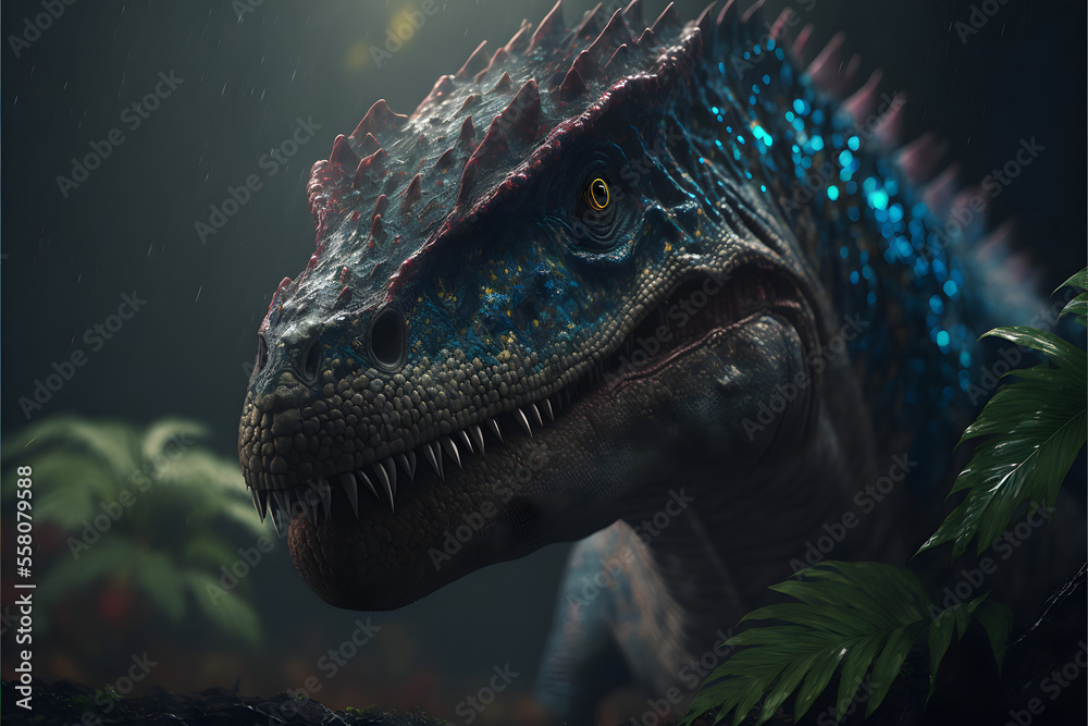 close up of a predator carnivorous dinosaur in a jungel, 3D Carnivorous ...