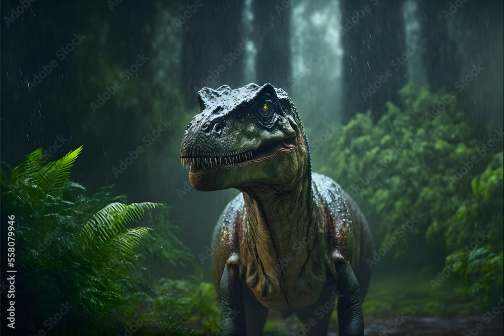 close up of a predator carnivorous dinosaur in a jungel, 3D Carnivorous ...