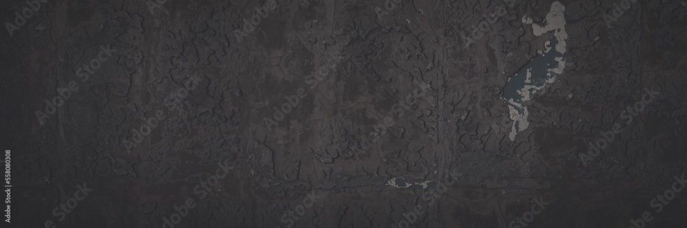 Dark wide panoramic background. Faded rough wall texture with pieces of ...