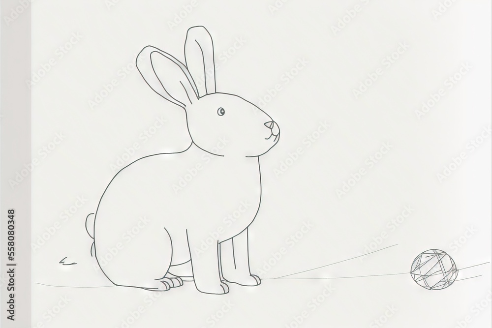 a drawing of a rabbit sitting next to a ball of thread on a white ...