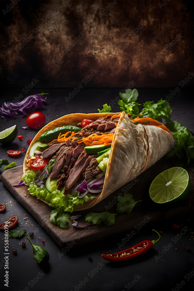 kebab wrap, product studio photo, dark black background, fresh salad ...