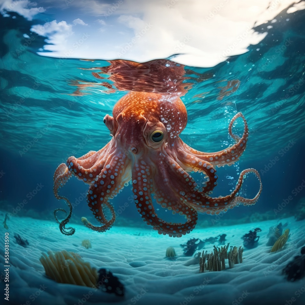 an octopus is swimming in the ocean with a sky in the backgrouund of ...