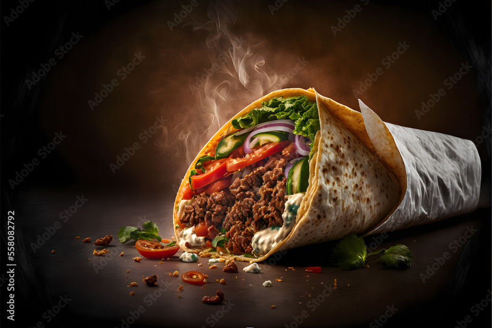 kebab wrap, product studio photo, dark black background, fresh salad ...