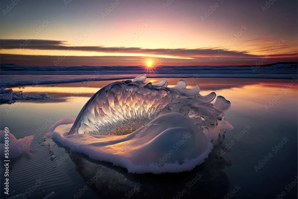 a glass object sitting on top of a beach next to the ocean under a ...