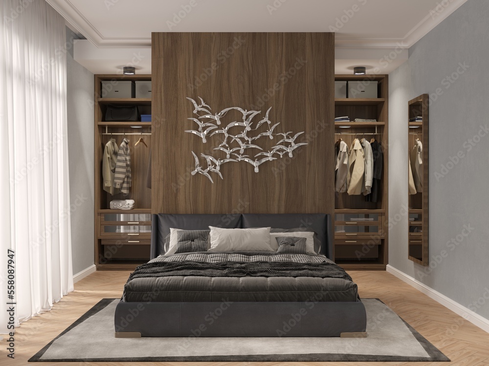 Modern interior design of bedrooms with wood wall, with dressing area ...