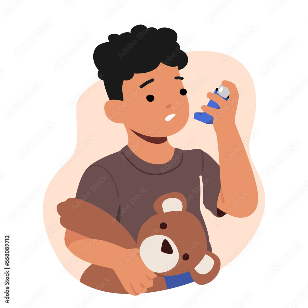 Little Boy with Asthma Breath with Inhaler. Kid Character Holding Teddy ...