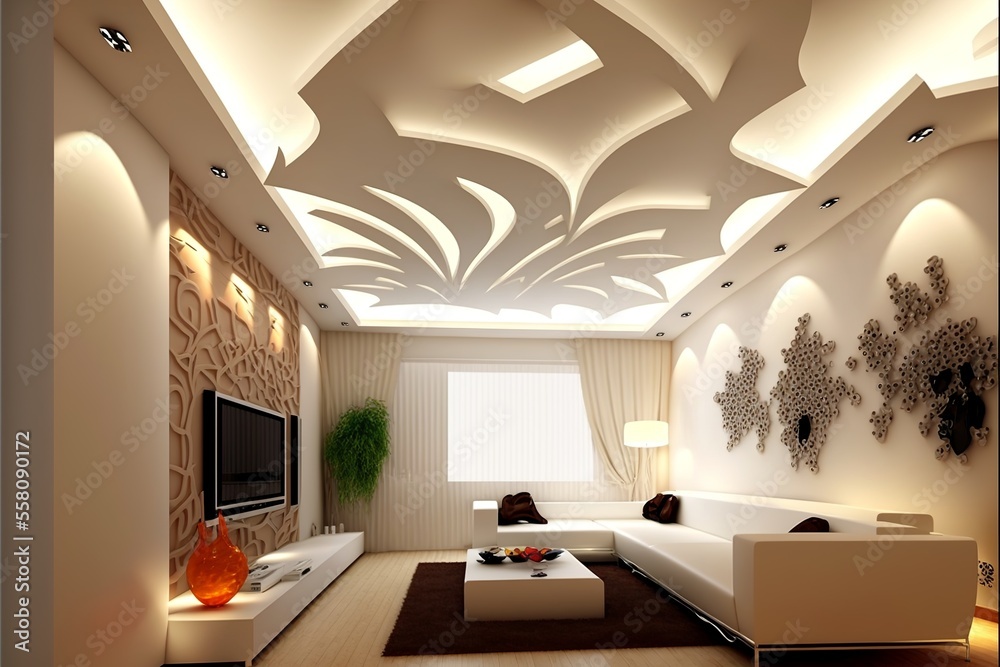 False ceiling made of plasterboard, in a sophisticated and stylish ...