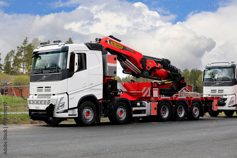 New White Volvo FH Boom Truck with Palfinger Crane Parked on a Yard ...