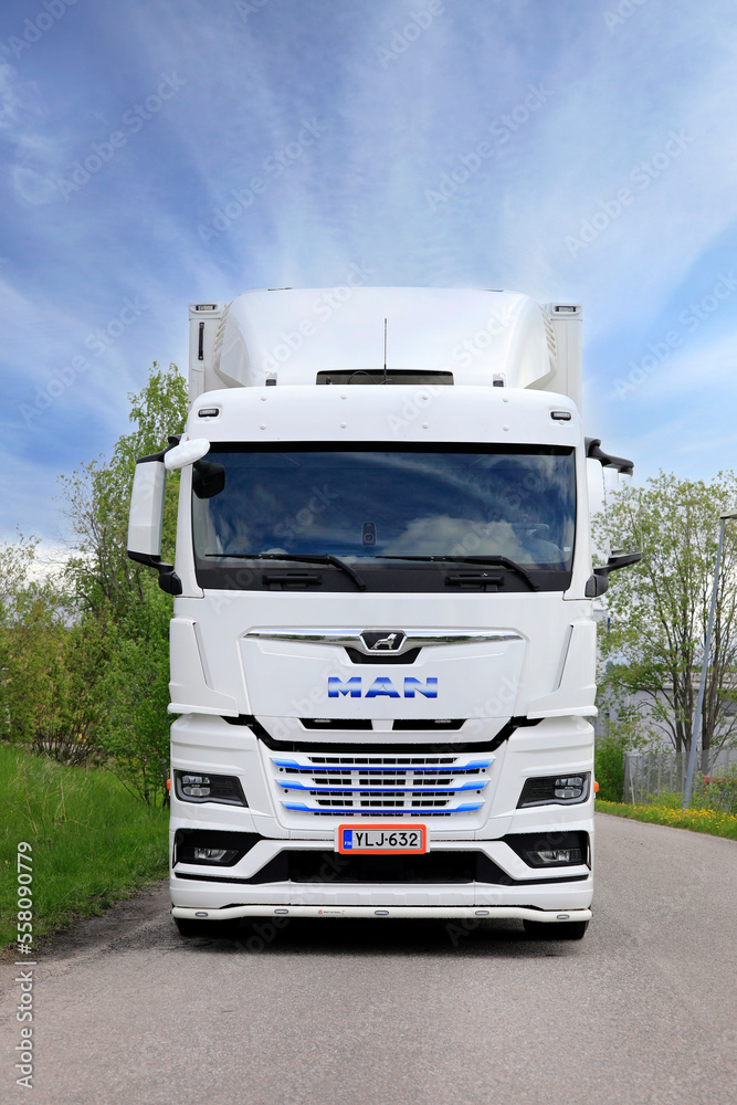 New, White MAN TGX Truck in Front of Refrigerated Trailer, Vertical ...