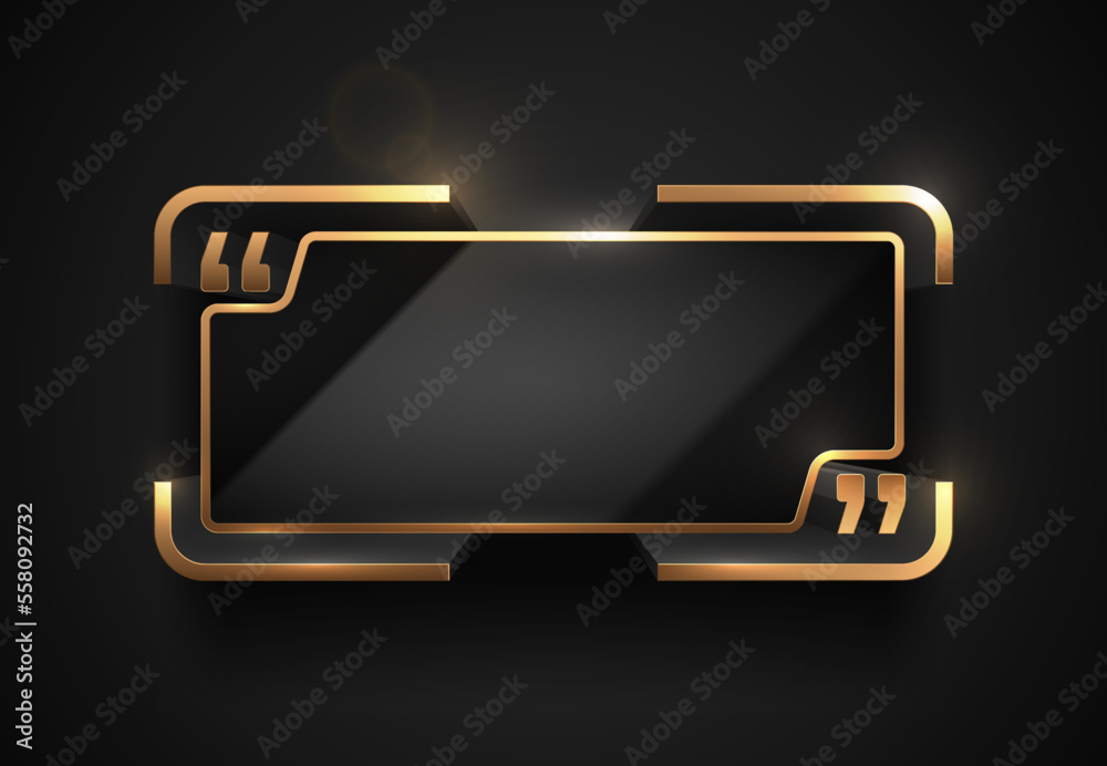 Luxury gold text quote symbol frame. Glossy black volume template with ...