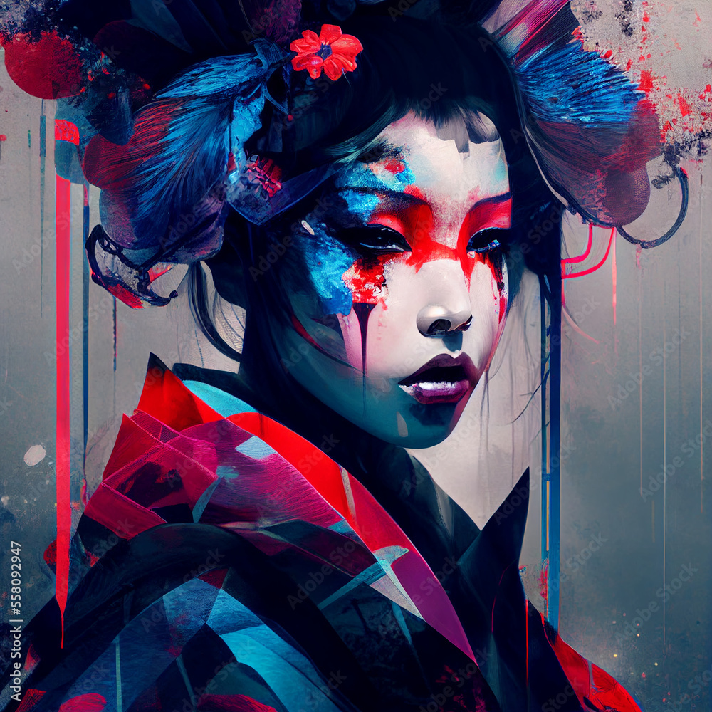 Japanese Geisha Girl White Face Makeup Ink Black Blue Red Lips ...