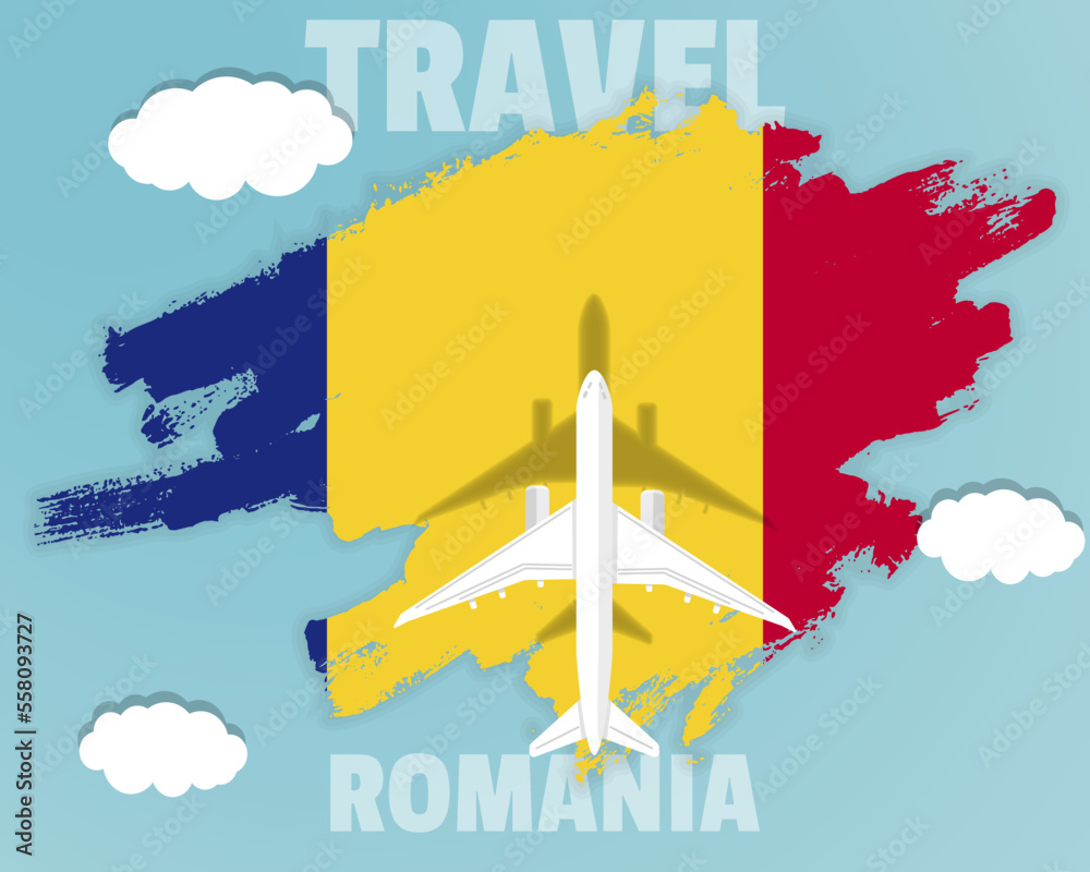 Traveling to Romania, top view passenger plane on Romania flag, country ...