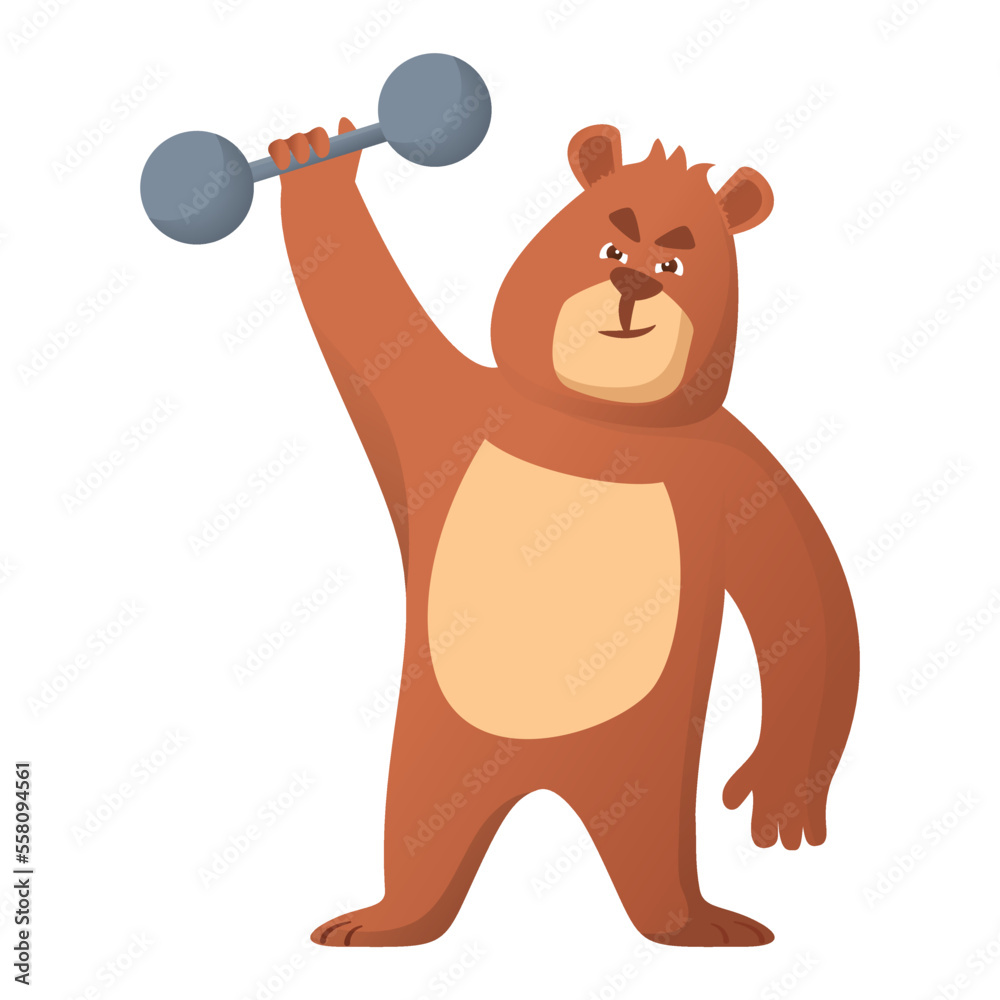 Cute bear lifting weights. Animal character exercising weight lifting ...