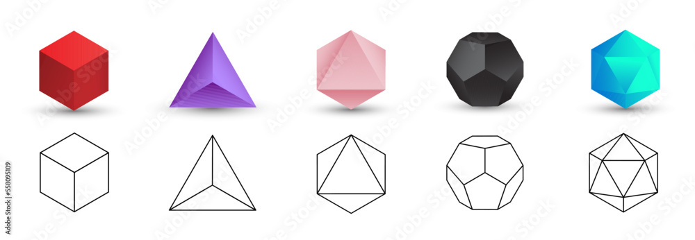 Set of colorful vector editable 3D platonic solids isolated on white ...