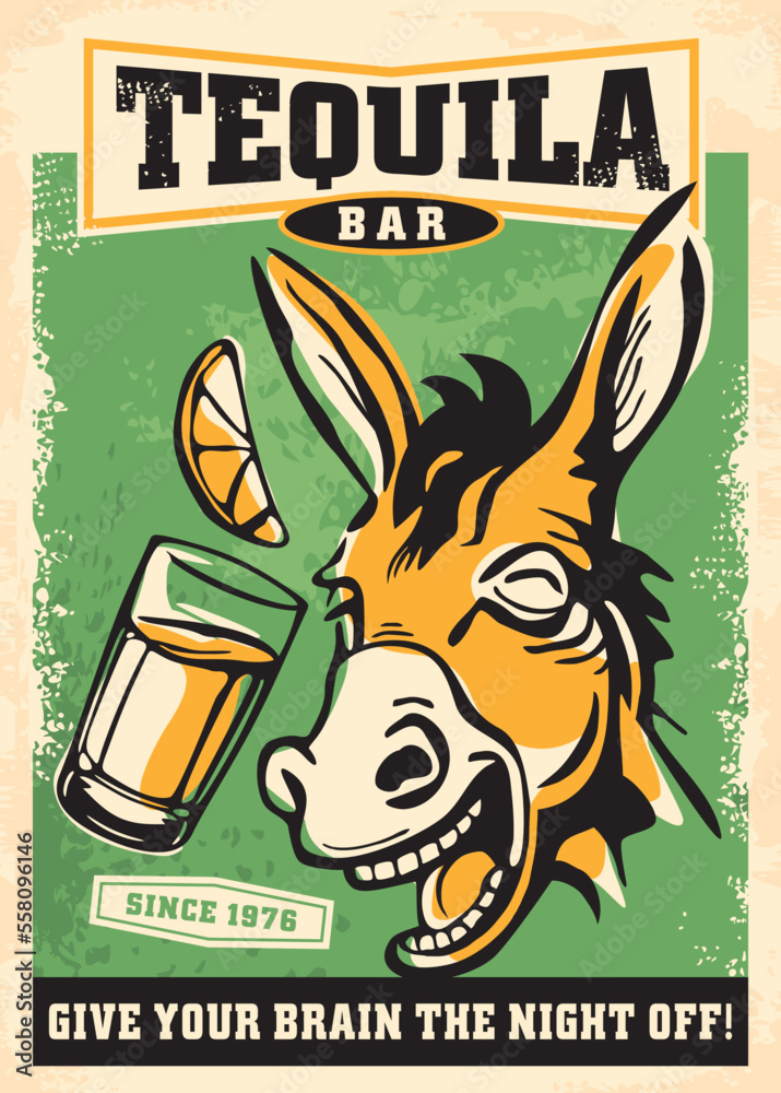 Happy donkey enjoy in tequila, funny anthropomorphic retro illustration ...
