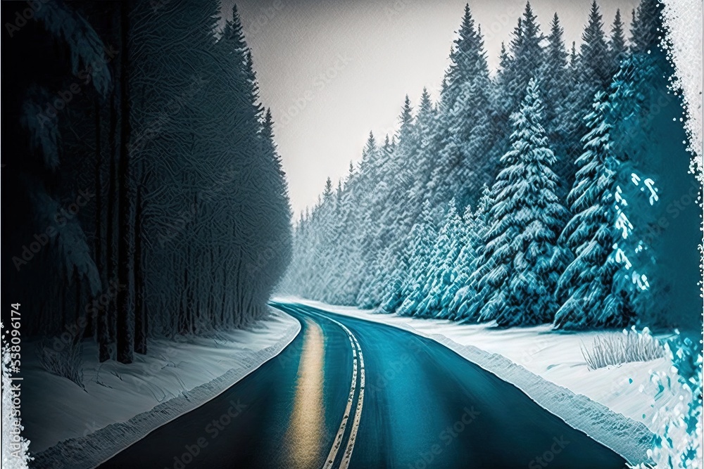 a painting of a road in the middle of a snowy forest with trees on both ...