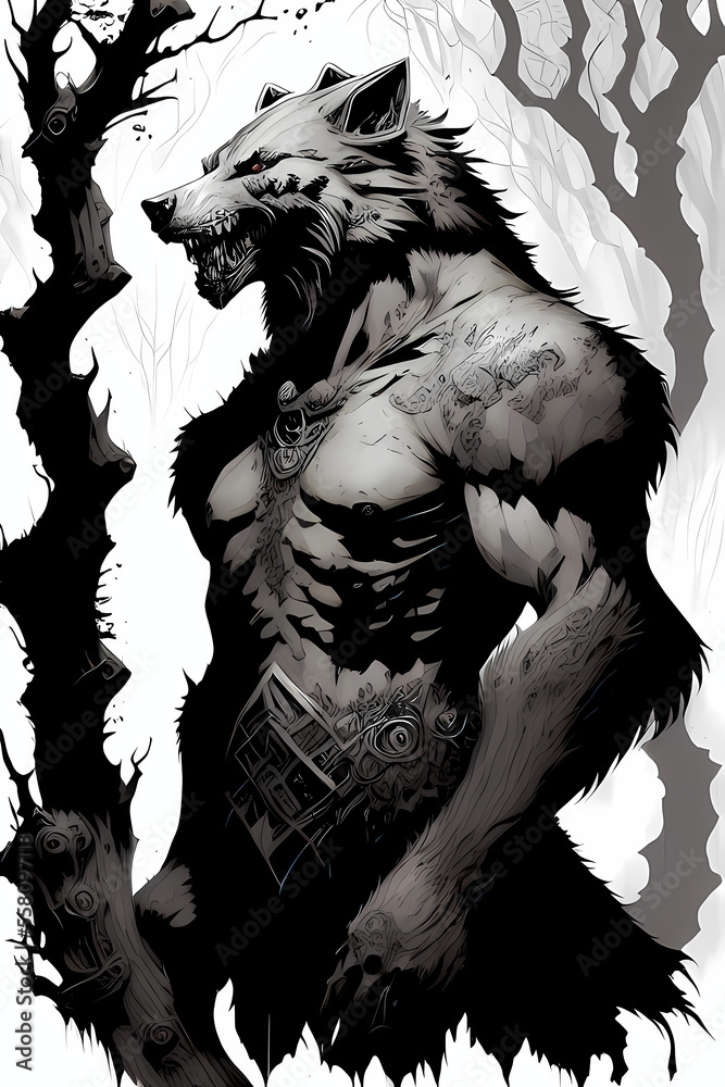 A fantasy board game card/colouring book page: Werewolf. Half man and ...